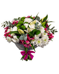 Order bouquet of roses, irises and lisianthuses | Cyber-Florist.com