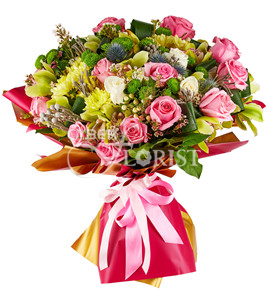 Bouquet of roses, orchids and chrysanthemums | Cyber-Florist.com